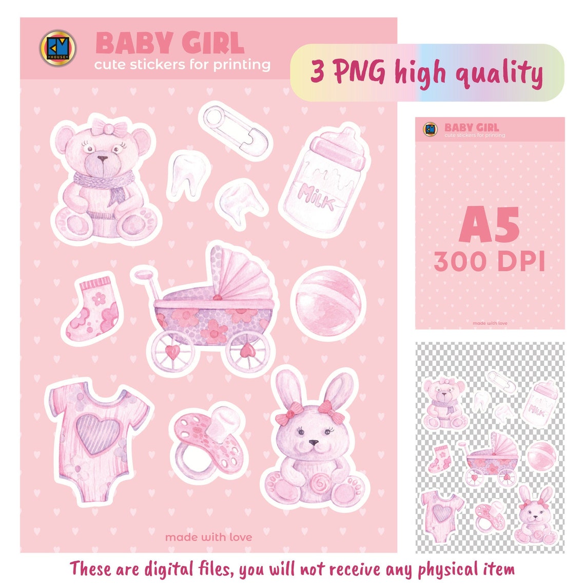 PNG Watercolor Stickers With Things for a Baby Girl. Stroller, Bottle ...
