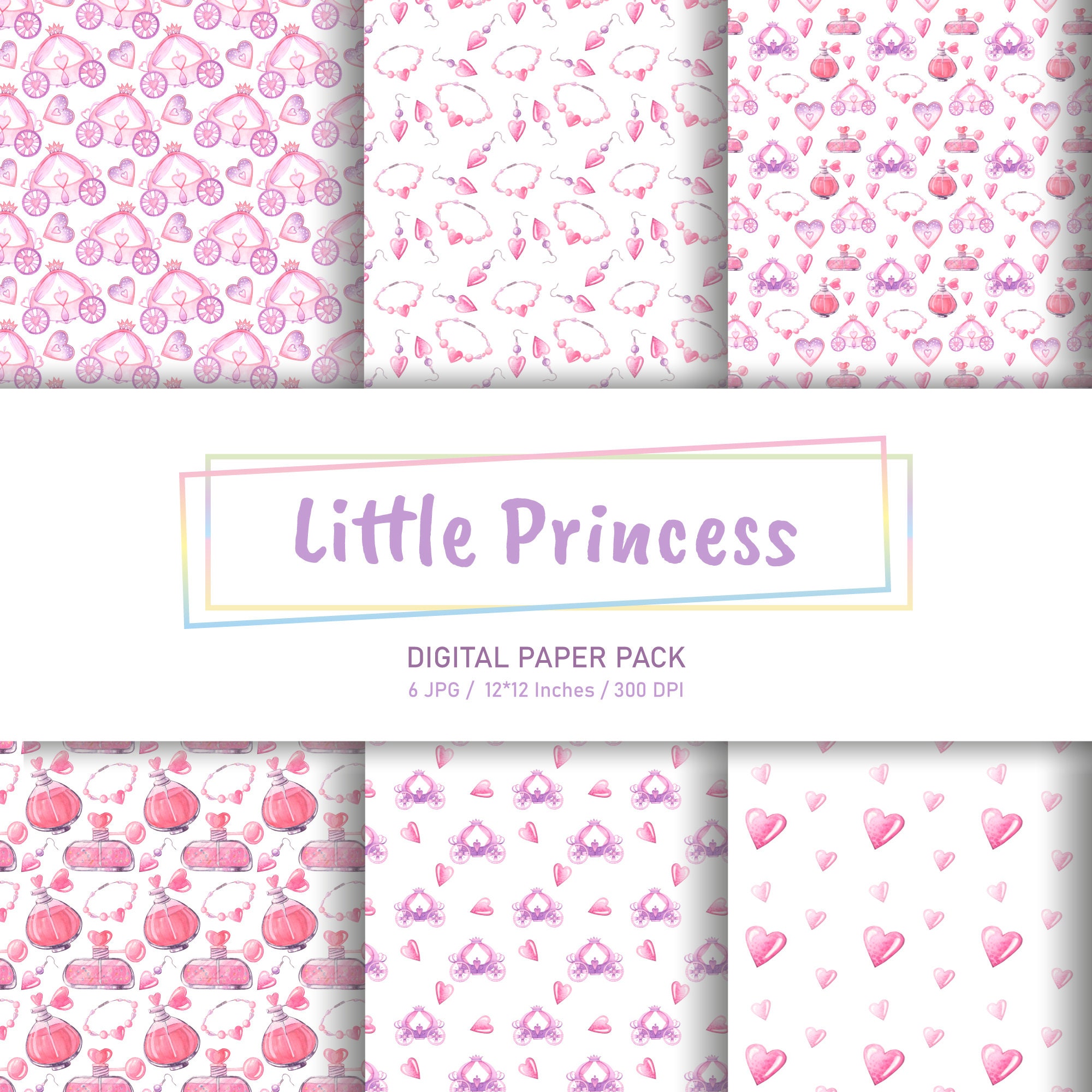 Little Princess Digital Paper 12x12 In. Watercolor Clipart With Hand ...