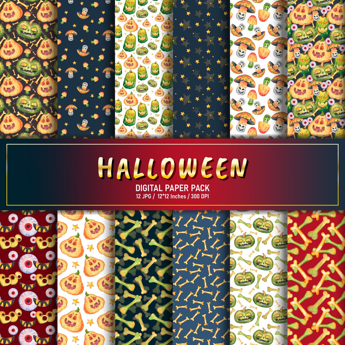 Watercolor Halloween Digital Papers, Halloween Pattern Paper, Halloween ...
