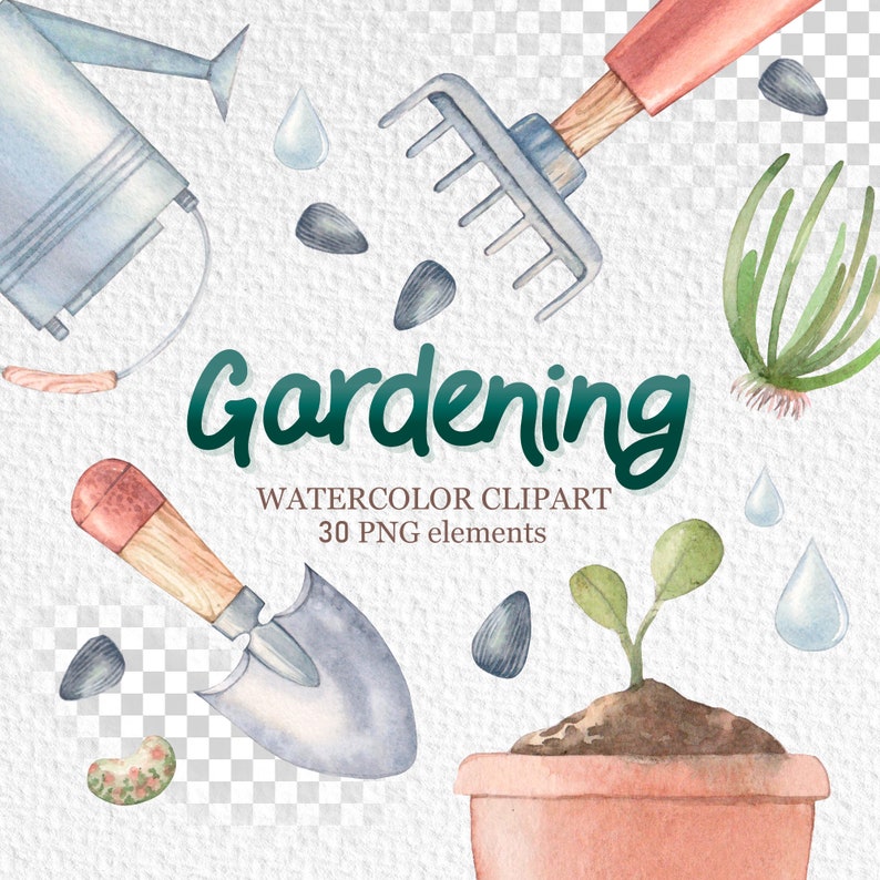 Watercolor Digital Gardening Clipart. 30 PNG of Hand-drawn Hand Tools ...
