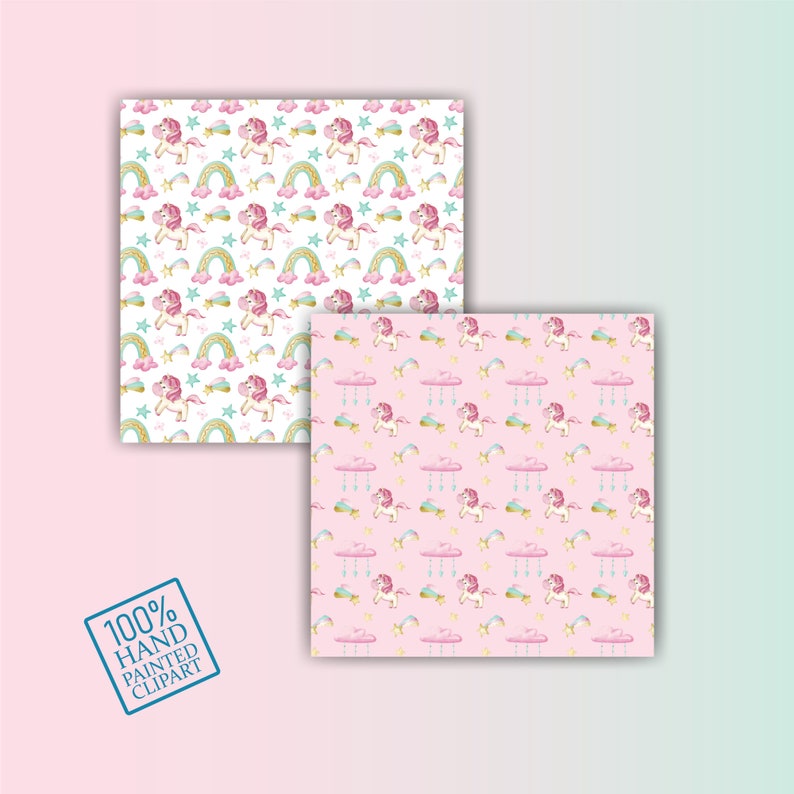 Digital Paper Pack Cute Unicorns. PNG Set of Watercolor Seamless ...