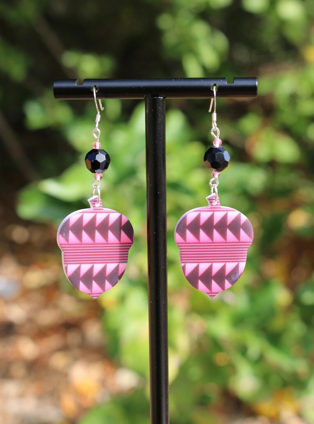 Pink Acorn Earrings With Sturgeon Back Design, Glass Beads - Etsy