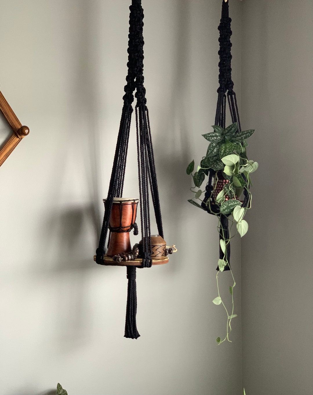 Black Macrame Hanging Shelf Plant Hanger Mudcloth Boho Afro-boho - Etsy