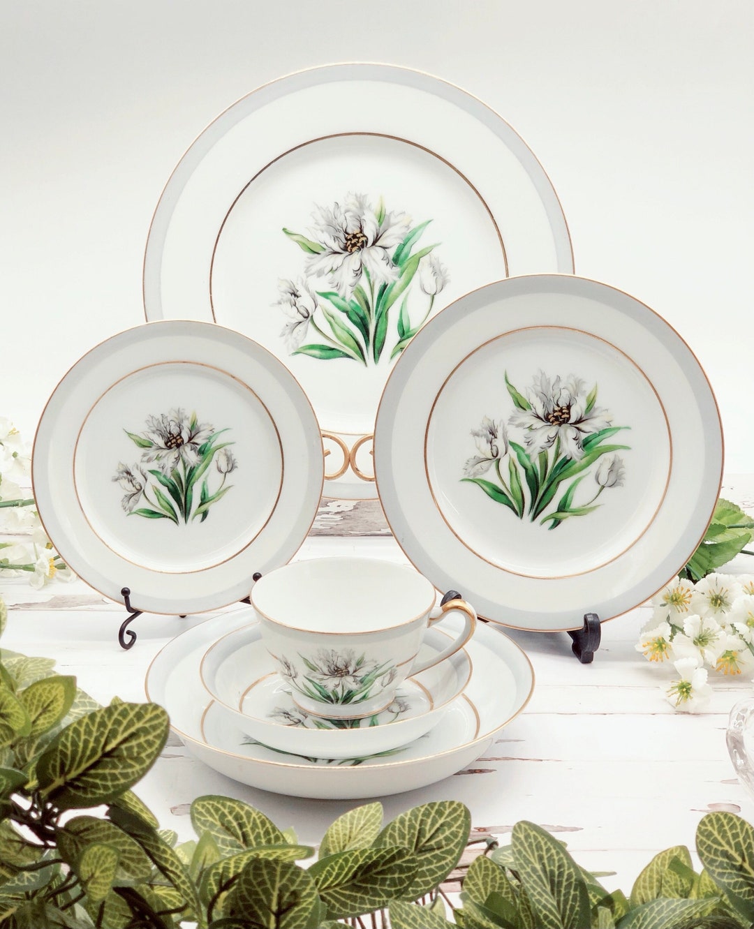Vintage Citadel China Ashworth Dinnerware Set, White Tulip, Gold Trim ...