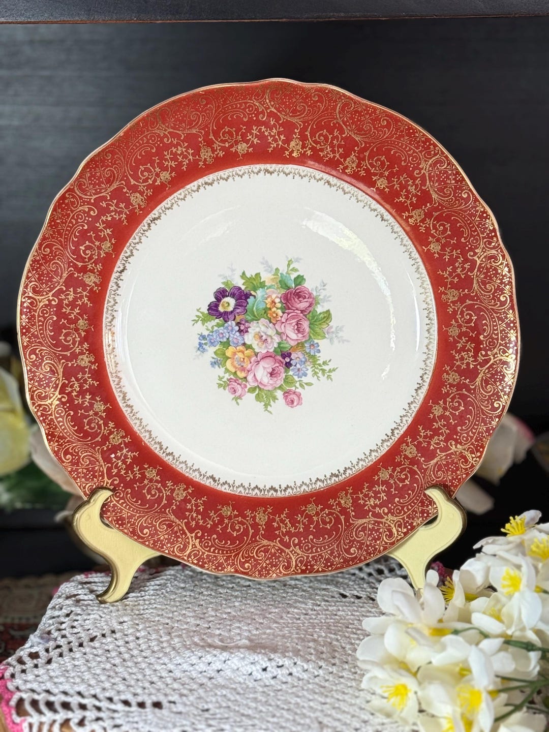 Vintage Steubenville Ivory Dinner Plate – Red & Gold Floral Pattern ...