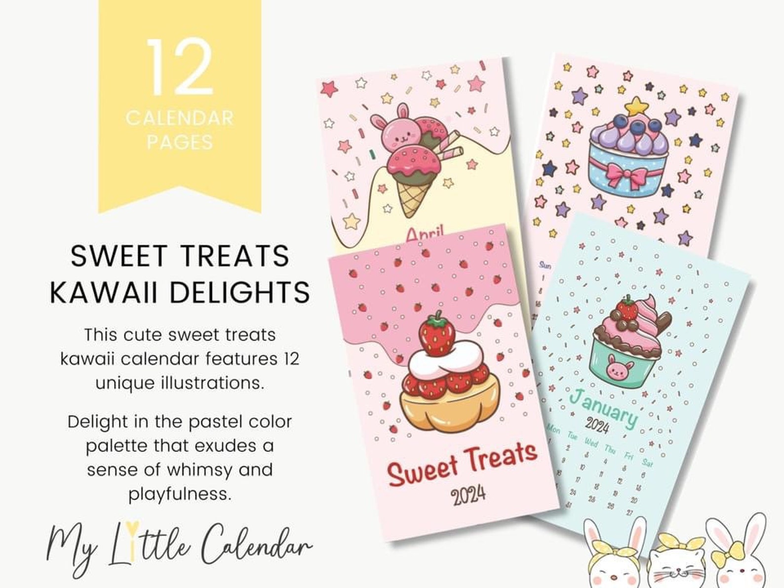 2024 Kawaii Sweet Treat Homemade Desk Calendar Monthly Cards Only ...