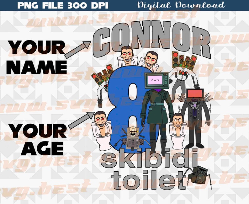 Skibidi Toilet Birthday PNG: Custom Name & Age T-shirt Design (digital ...