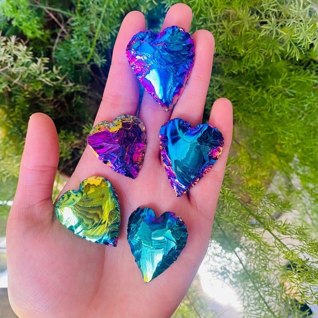 Rainbow Aura Obsidian Heart Aura Crystals Gemstones Heart Shaped ...