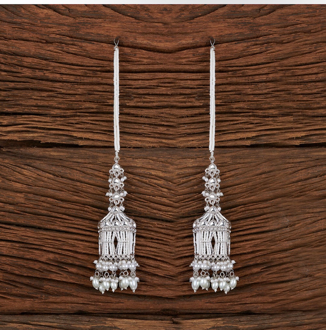Silver Kundan Jhumka With Hair Chain/bollywood Jewelry/jhumki/pakistani ...