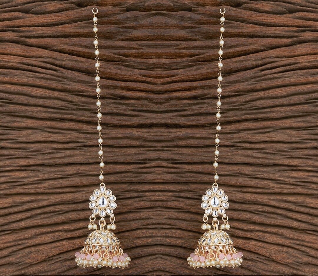 Light Pink Kundan Jhumka With Ear Chain/bollywood Jewelry/jhumki ...