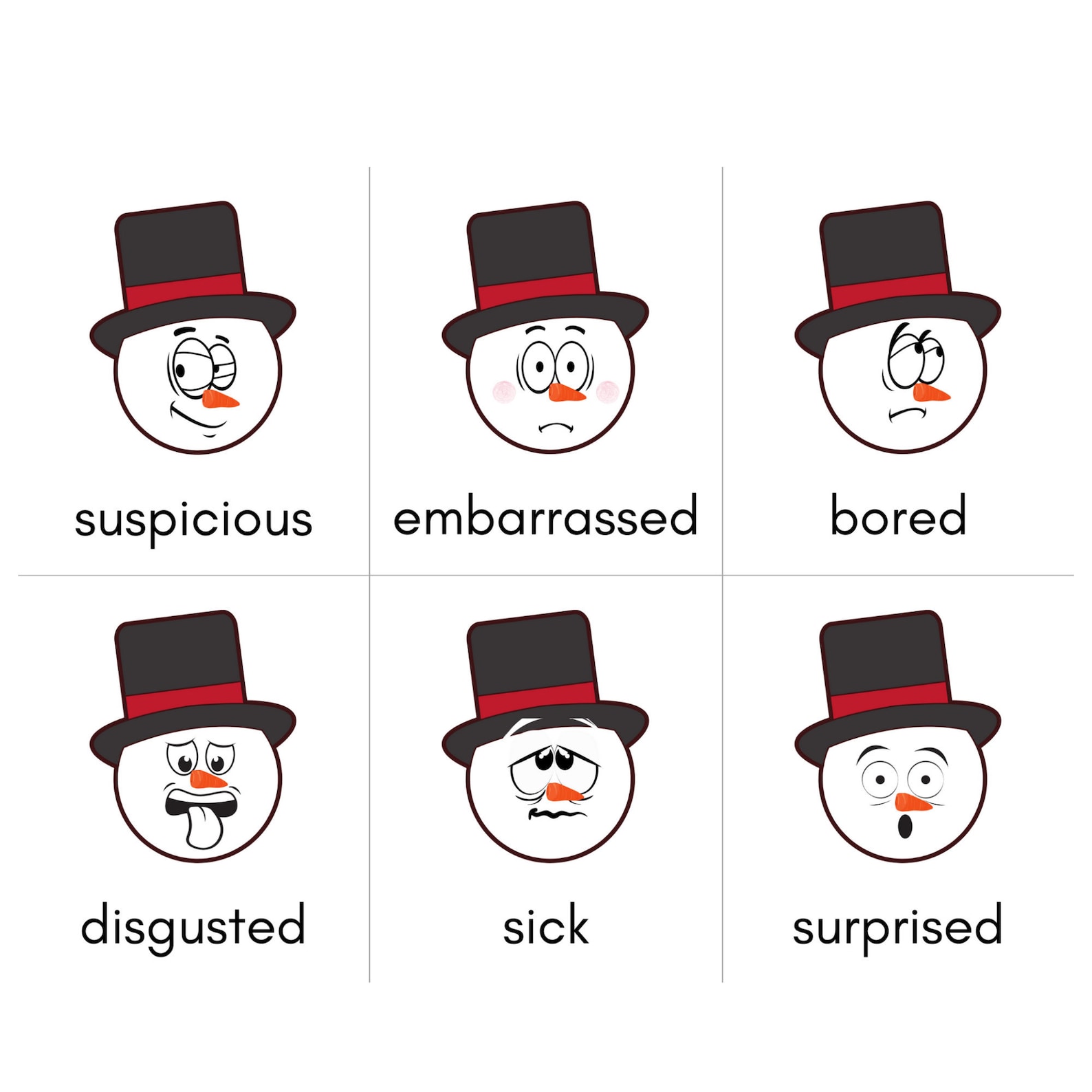 Snowman Emotions Cards - Etsy