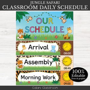 Classroom Schedule Cards With Clock, Jungle Safari Classroom, Editable ...