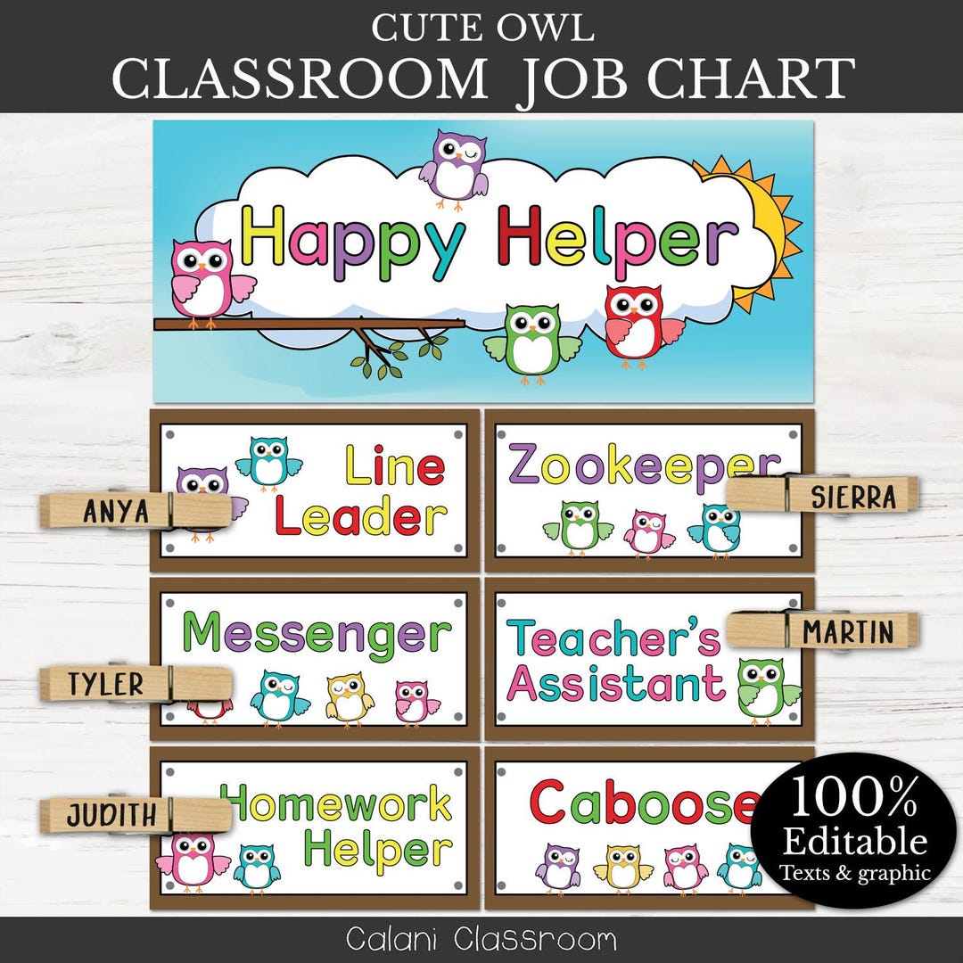 Classroom Jobs Chart, Cute Owl Classroom Theme, Editable Classroom Job ...