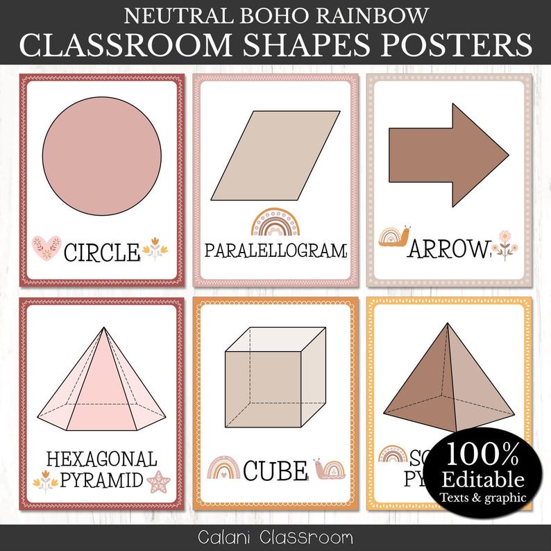 Shapes Poster Wall Display, Boho Rainbow Classroom Theme, 2D & 3D Shape ...