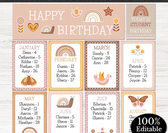 Boho Rainbow Birthday Classroom Display | Classroom Monthly Birthday ...