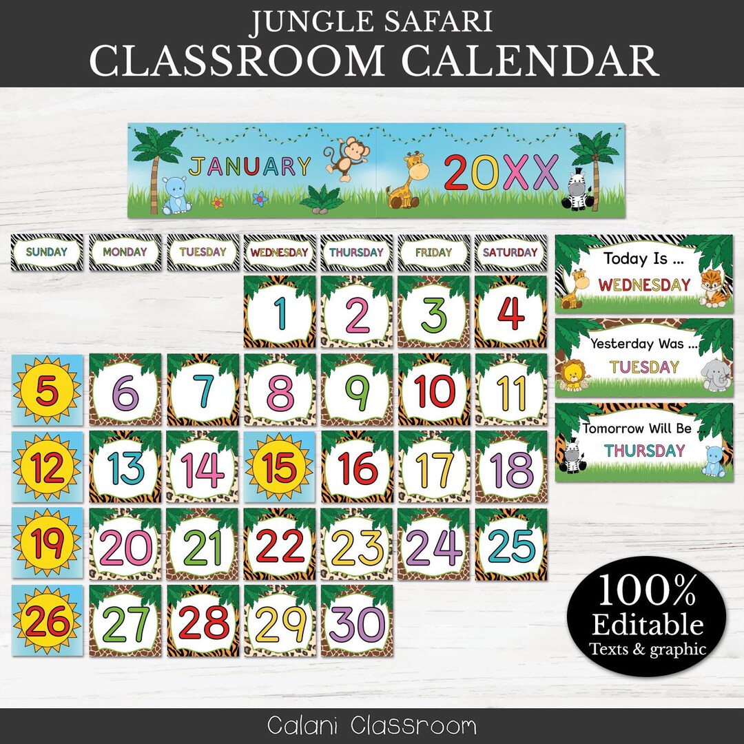 Calendar Classroom Decor, Jungle Safari Classroom, Editable Classroom ...