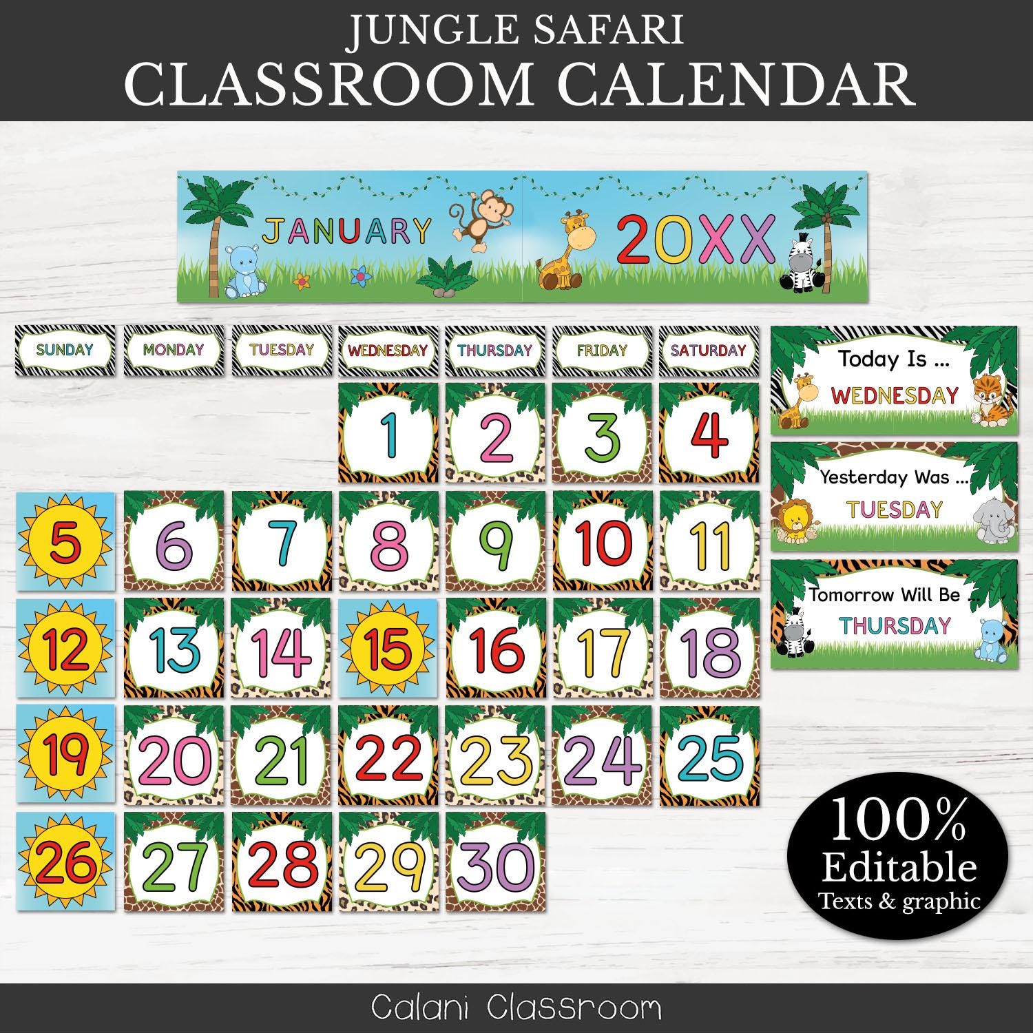 Calendar Classroom Decor, Jungle Safari Classroom, Editable Classroom ...