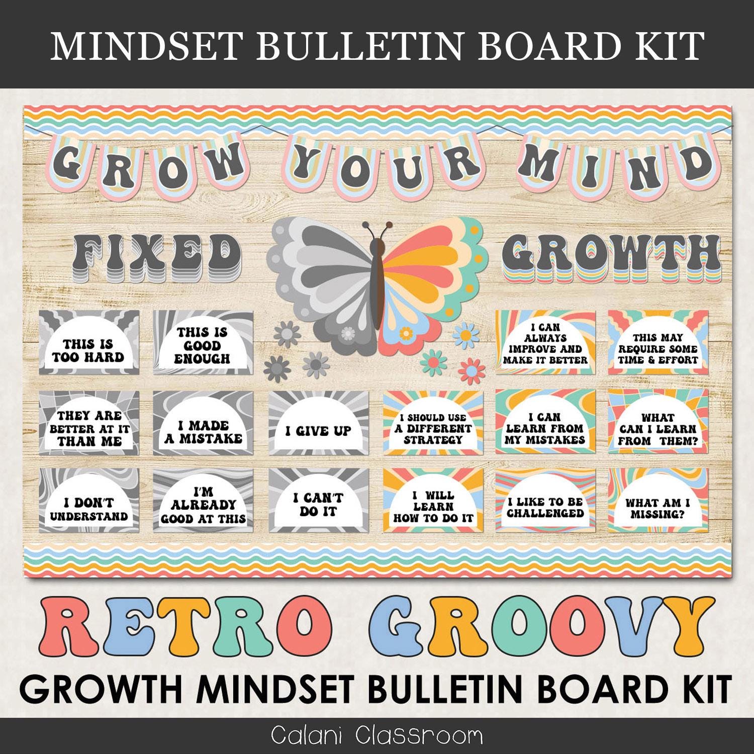 Growth Mindset Bulletin Board Kit, Retro Groovy Classroom Display ...
