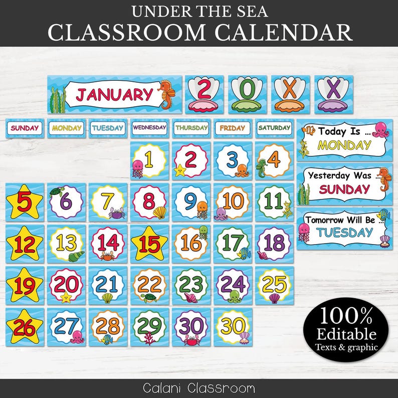 Calendar Classroom Decor, Ocean Classroom, Editable Classroom Wall ...