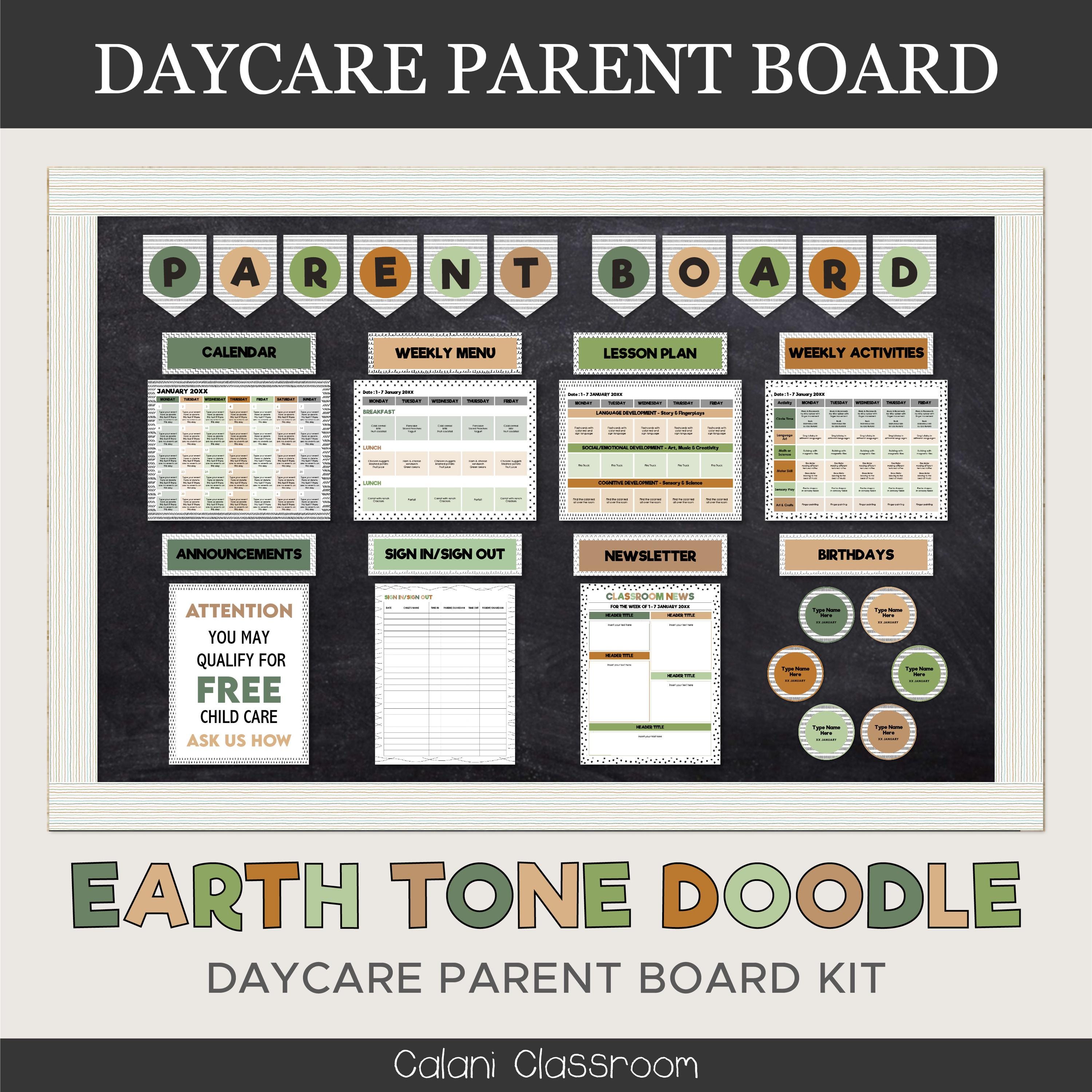 Daycare Parent Info Board – Printable Childcare Bulletin Board in Earth ...