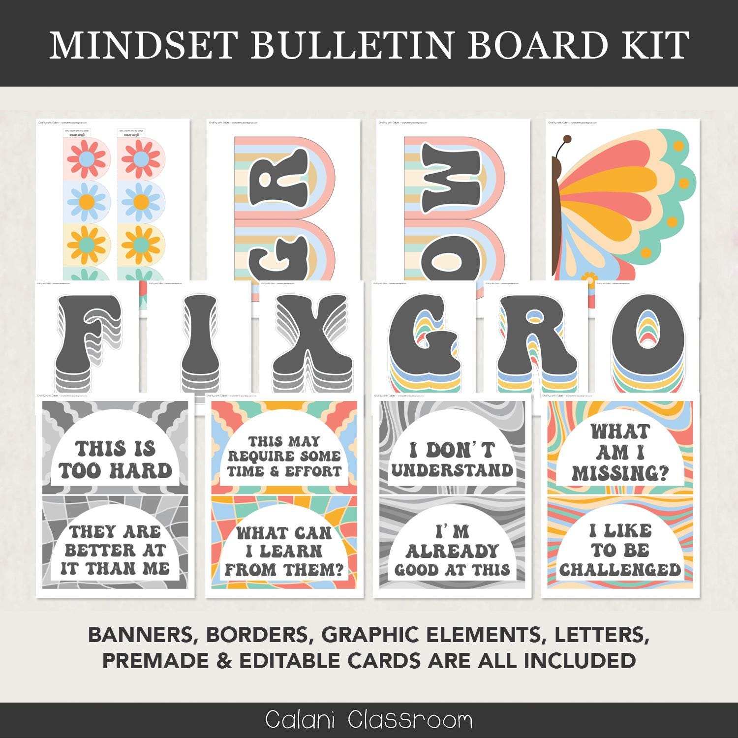 Growth Mindset Bulletin Board Kit, Retro Groovy Classroom Display ...