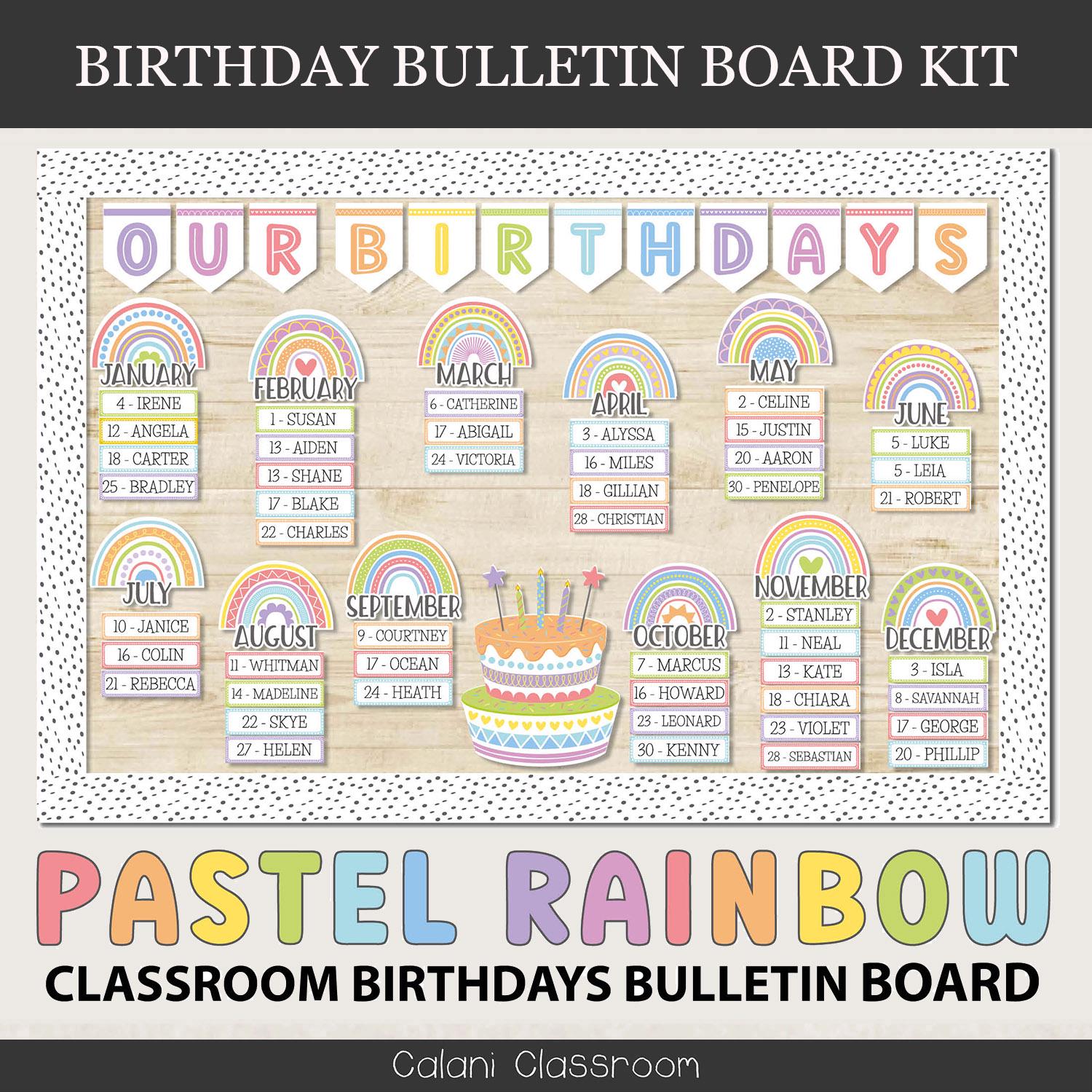 Birthday Bulletin Board for Classroom Decor in Pastel Rainbow Theme ...