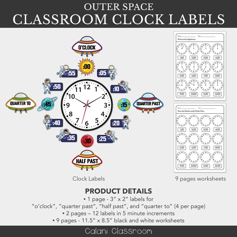Clock Label Classroom Decoration, Outer Space Classroom, Telling Time ...