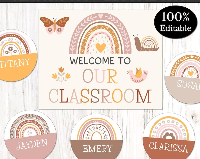 Boho Rainbow Classroom Door Display: Editable Welcome Sign (digital ...