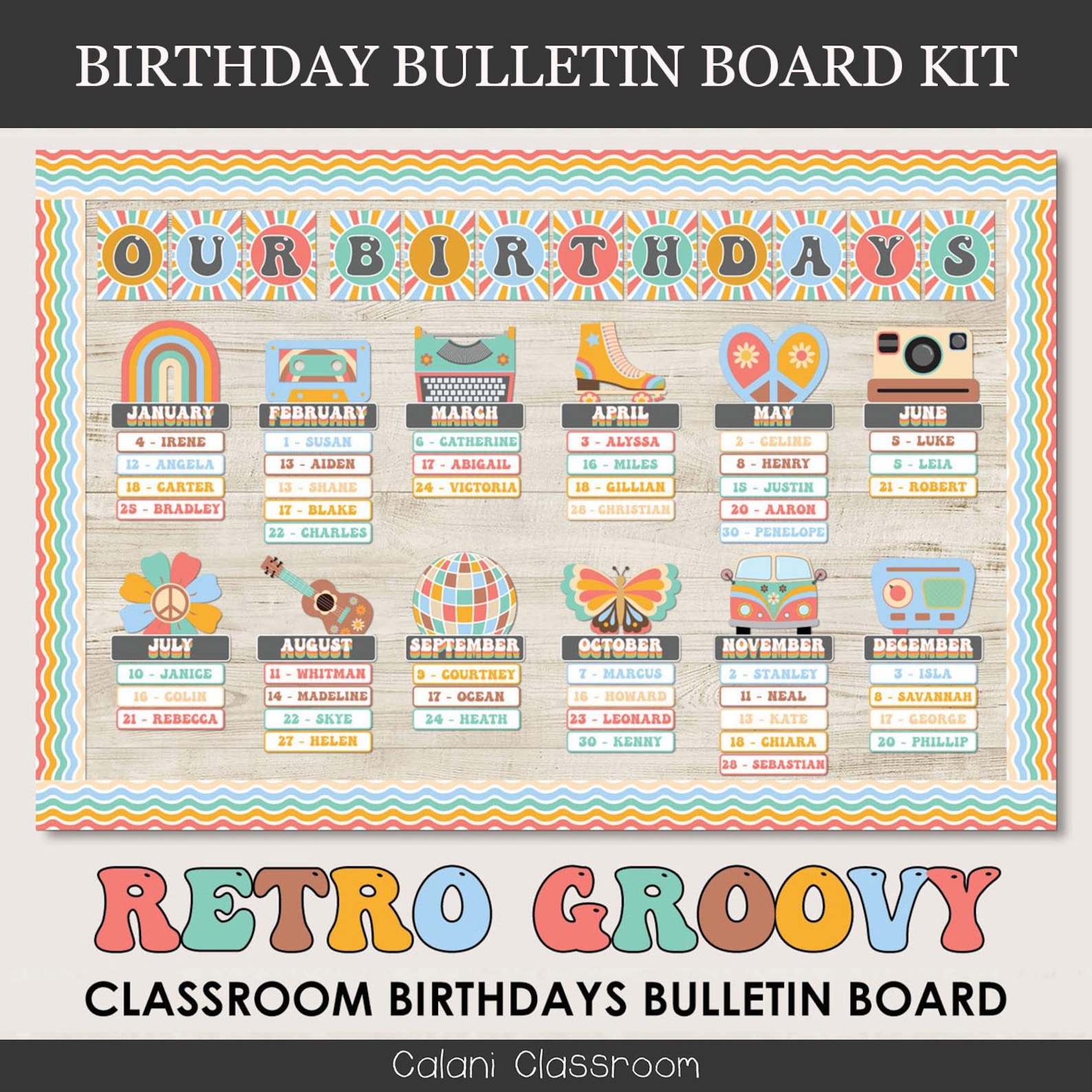 Birthday Board Classroom Decor, Retro Groovy Classroom Theme, Editable ...