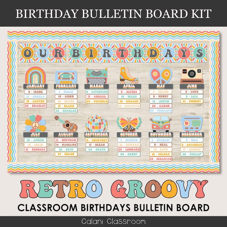 Birthday Board Classroom Decor, Retro Groovy Classroom Theme, Editable ...