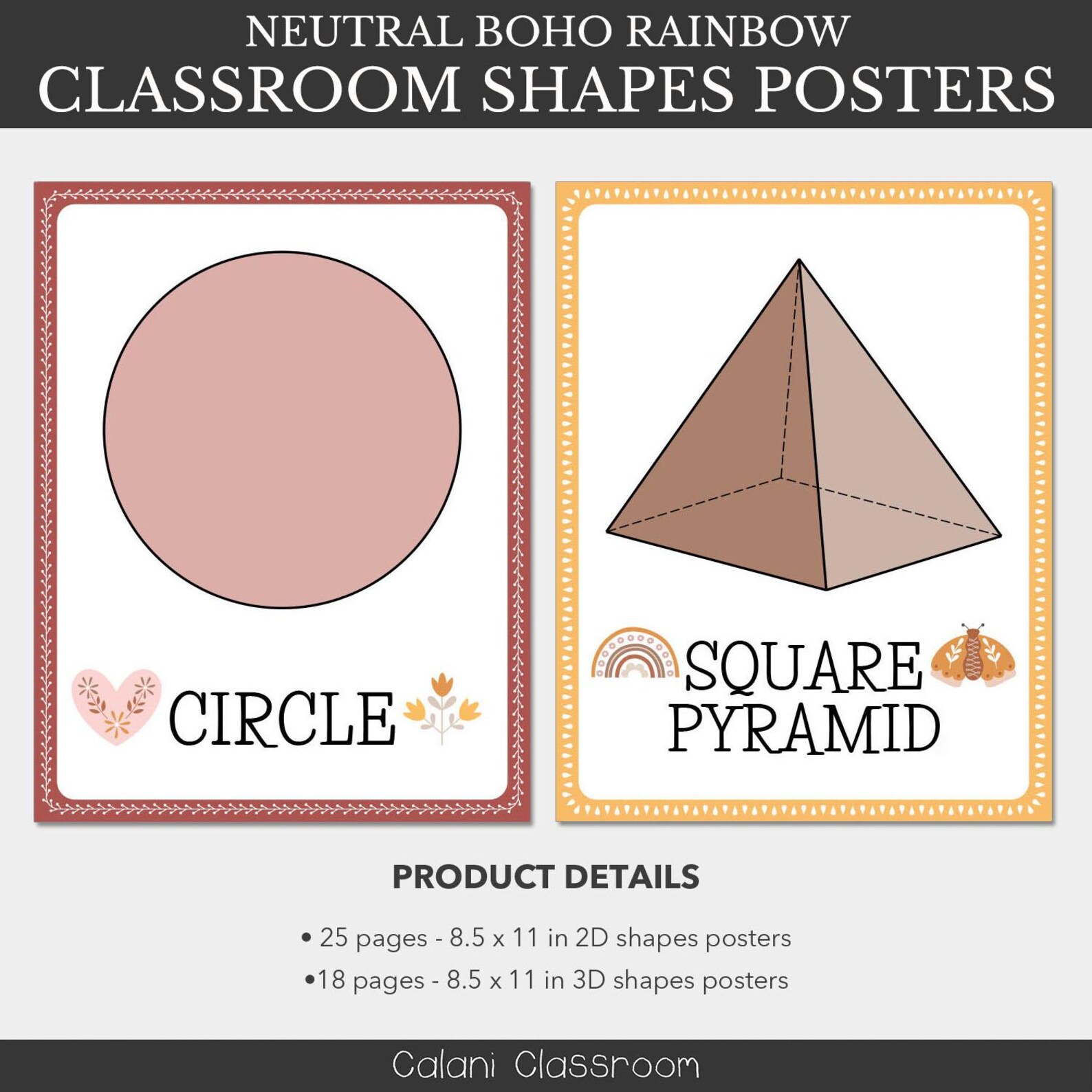 Shapes Poster Wall Display, Boho Rainbow Classroom Theme, 2D & 3D Shape ...