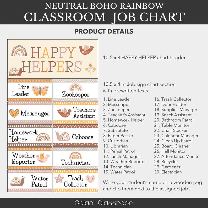 Classroom Jobs Chart, Boho Rainbow Classroom Theme, Editable Classroom ...