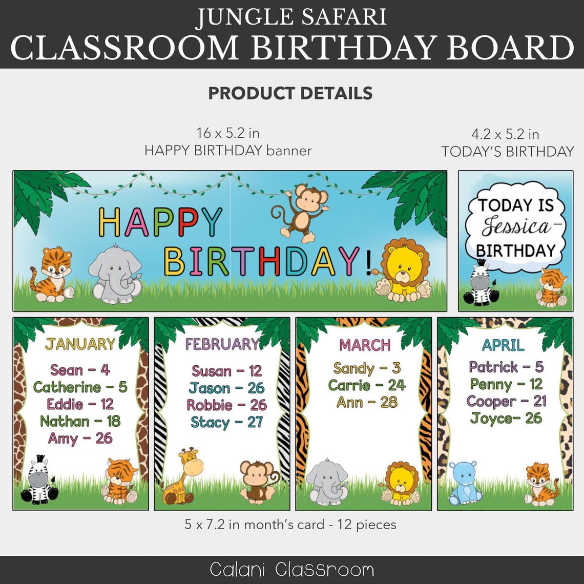 Birthday Board for Classroom Decor in Jungle Safari Theme (editable ...