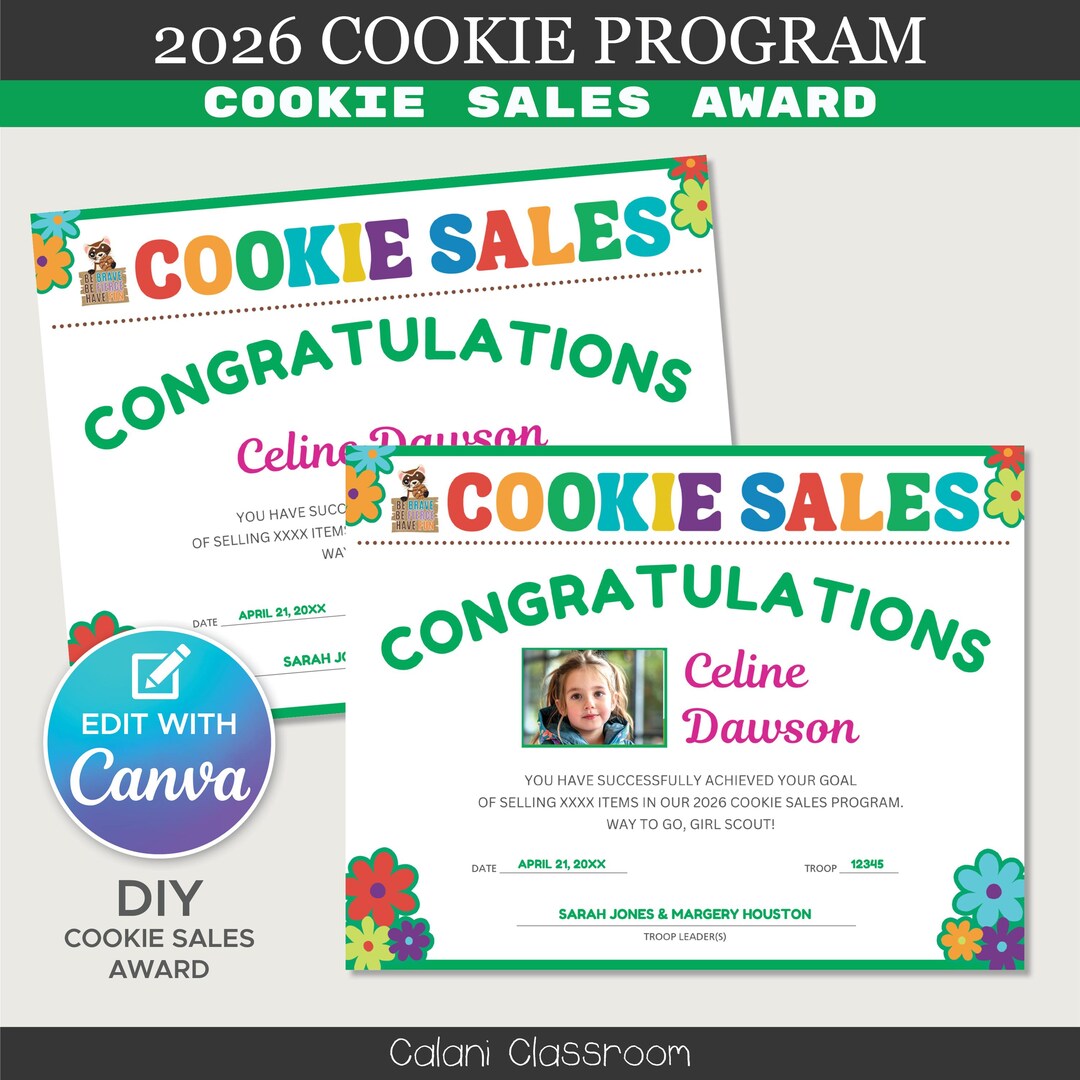 2026 Cookie Awards, DIY Editable Cookie Sales Certificate for Scout ...