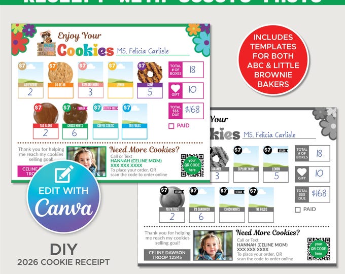 Editable Scout Cookie Receipt 2026 for LBB & ABC Cookie Thank You Gift ...