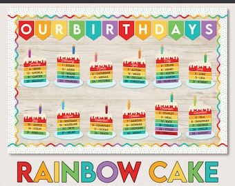 Birthday Bulletin Board for Classroom Decor in Pastel Rainbow Cake ...