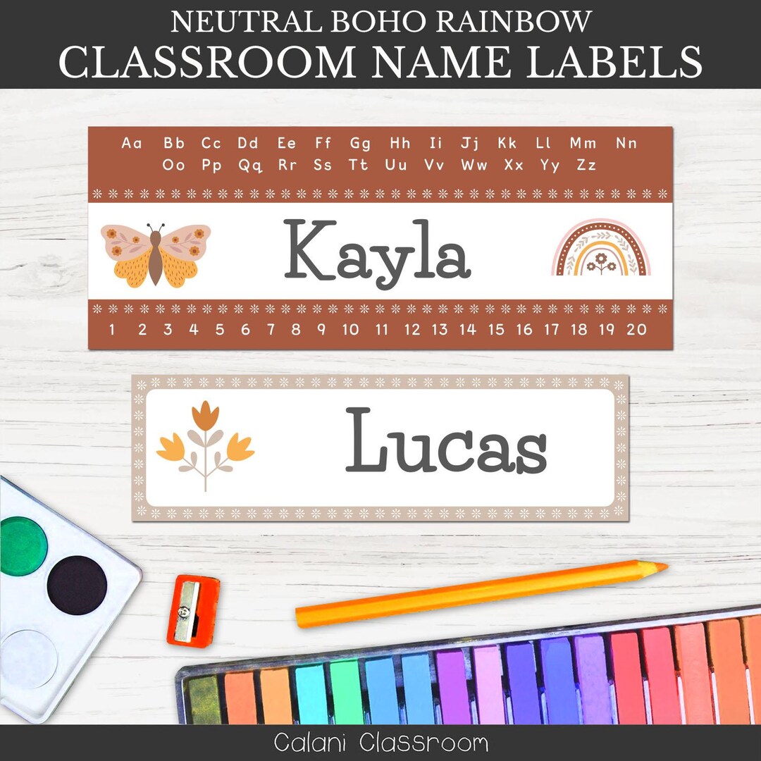 Classroom Name Plate Label, Boho Rainbow Classroom Theme, Boho Name ...