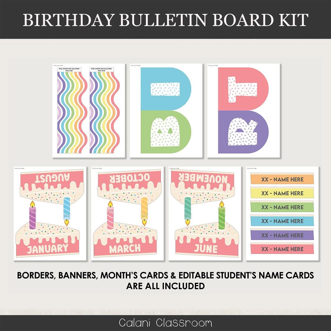 Birthday Bulletin Board for Classroom Decor in Pastel Rainbow Cake ...