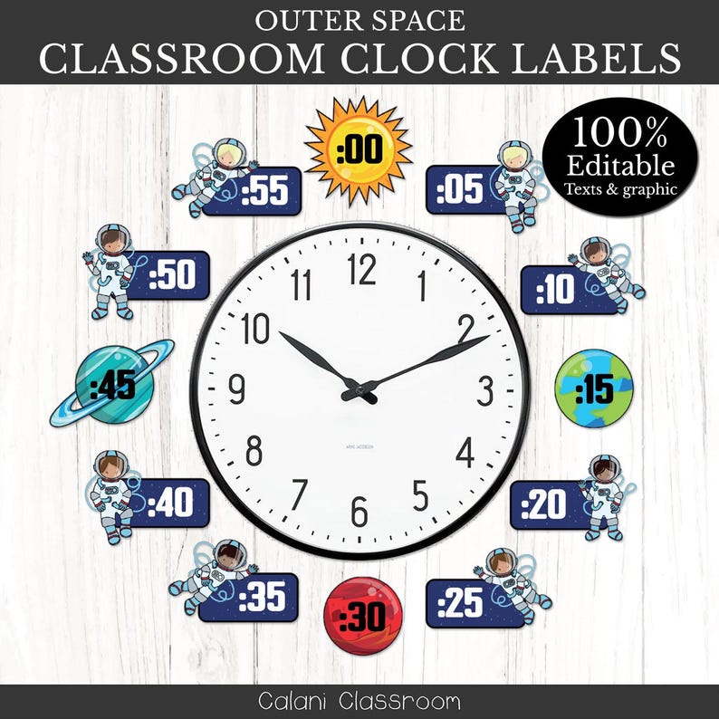 Clock Label Classroom Decoration, Outer Space Classroom, Telling Time ...