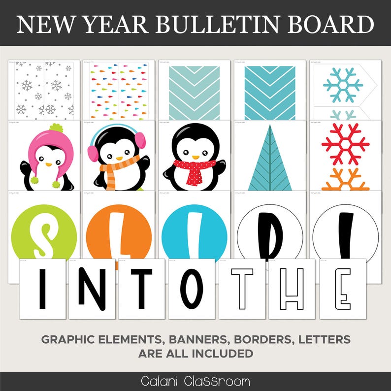 New Year Bulletin Board Kit in Skating Penguins Theme (digital Download ...