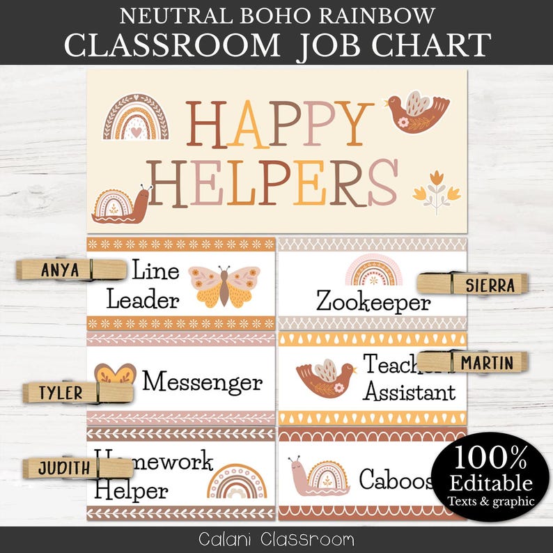 Classroom Jobs Chart, Boho Rainbow Classroom Theme, Editable Classroom ...