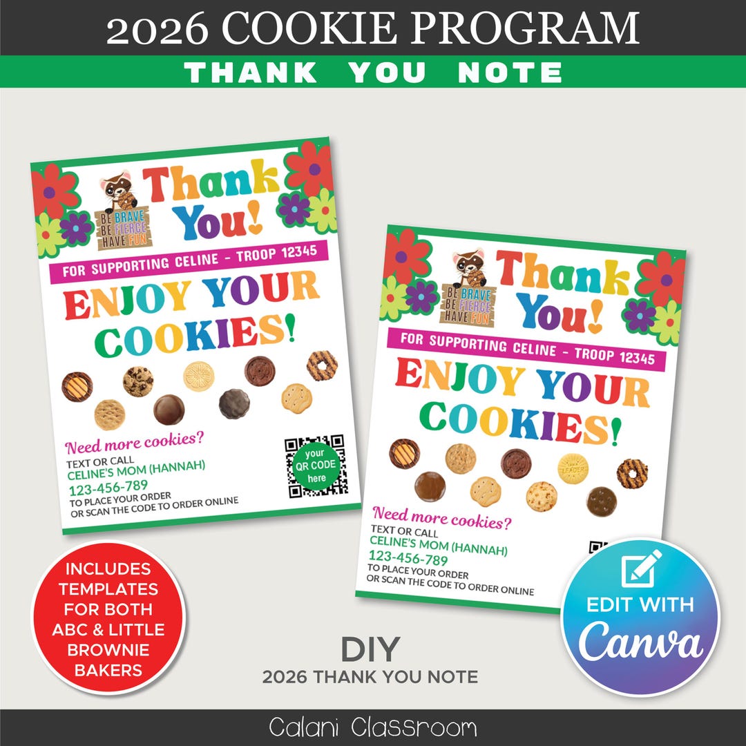 2026 Cookie Thank You Note, DIY Editable Cookie Marketing Kit for Scout ...