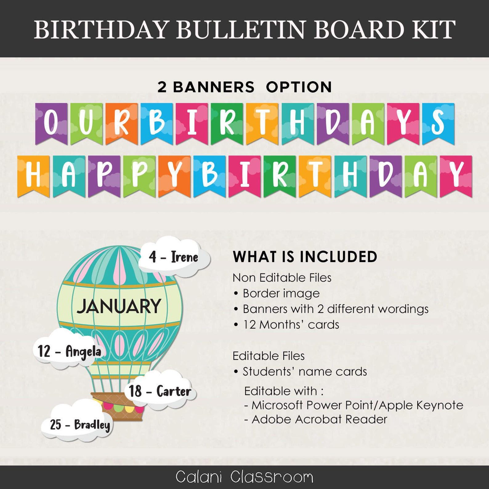 Birthday Board Classroom Decor, Hot Air Balloons Classroom, Editable ...
