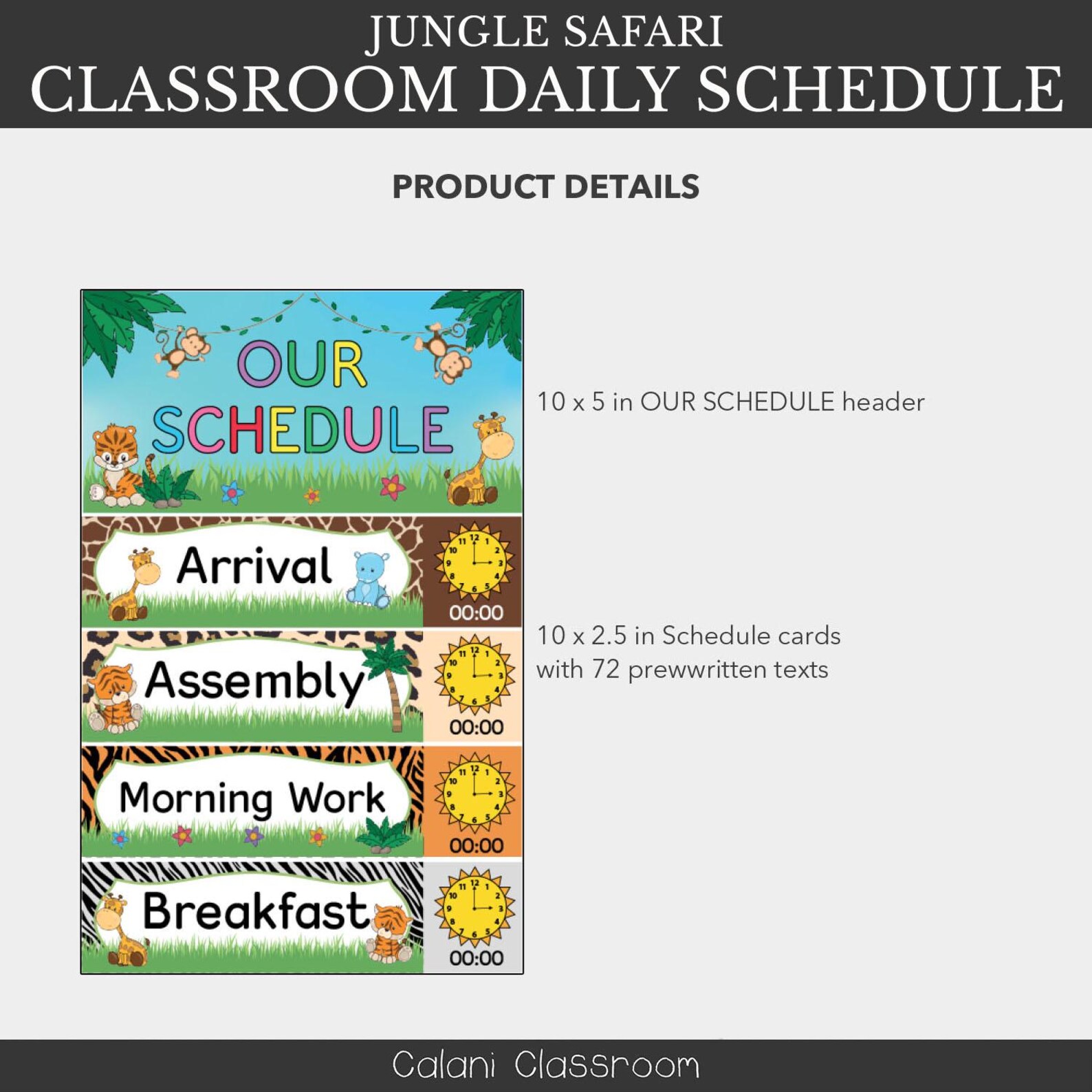 Classroom Schedule Cards With Clock, Jungle Safari Classroom, Editable ...