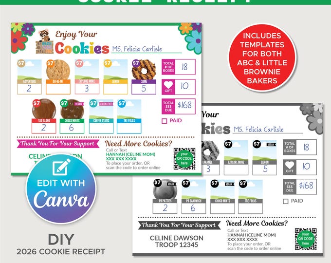 Editable Scout Cookie Receipt 2026 for LBB & ABC Cookie Thank You Gift ...