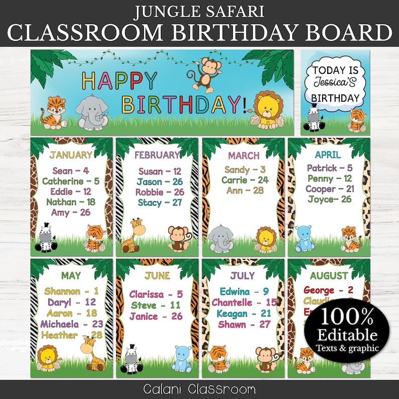 Birthday Board for Classroom Decor in Jungle Safari Theme (editable ...