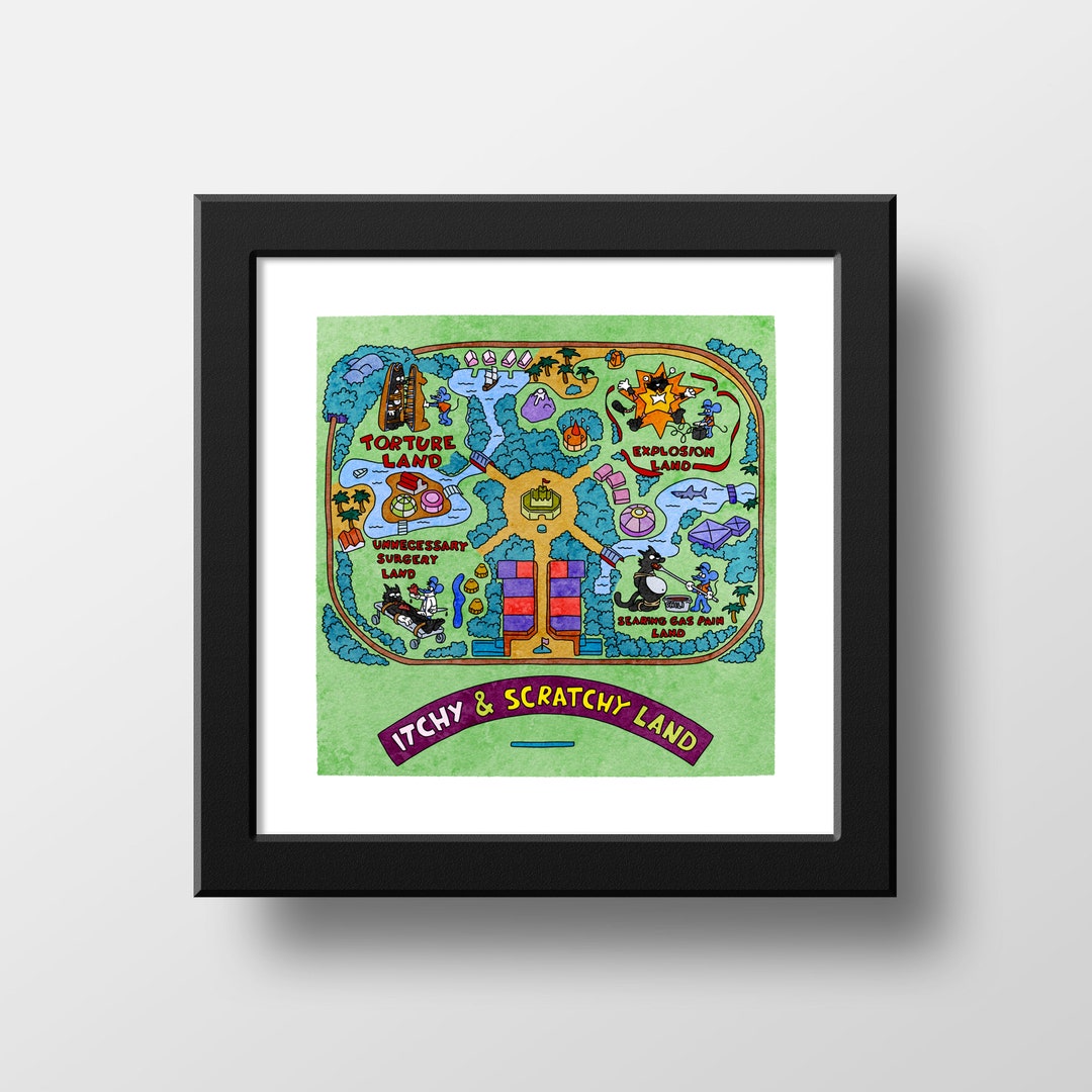 The Simpsons Itchy and Scratch Land Map Print, Poster Watercolor ...