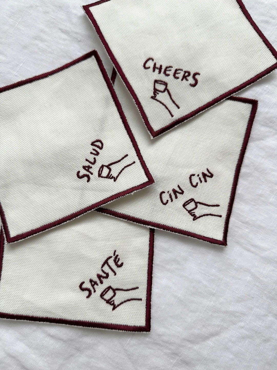Cheers Embroidered Cocktail Coasters Napkins, Salud Sante Cin Cin ...