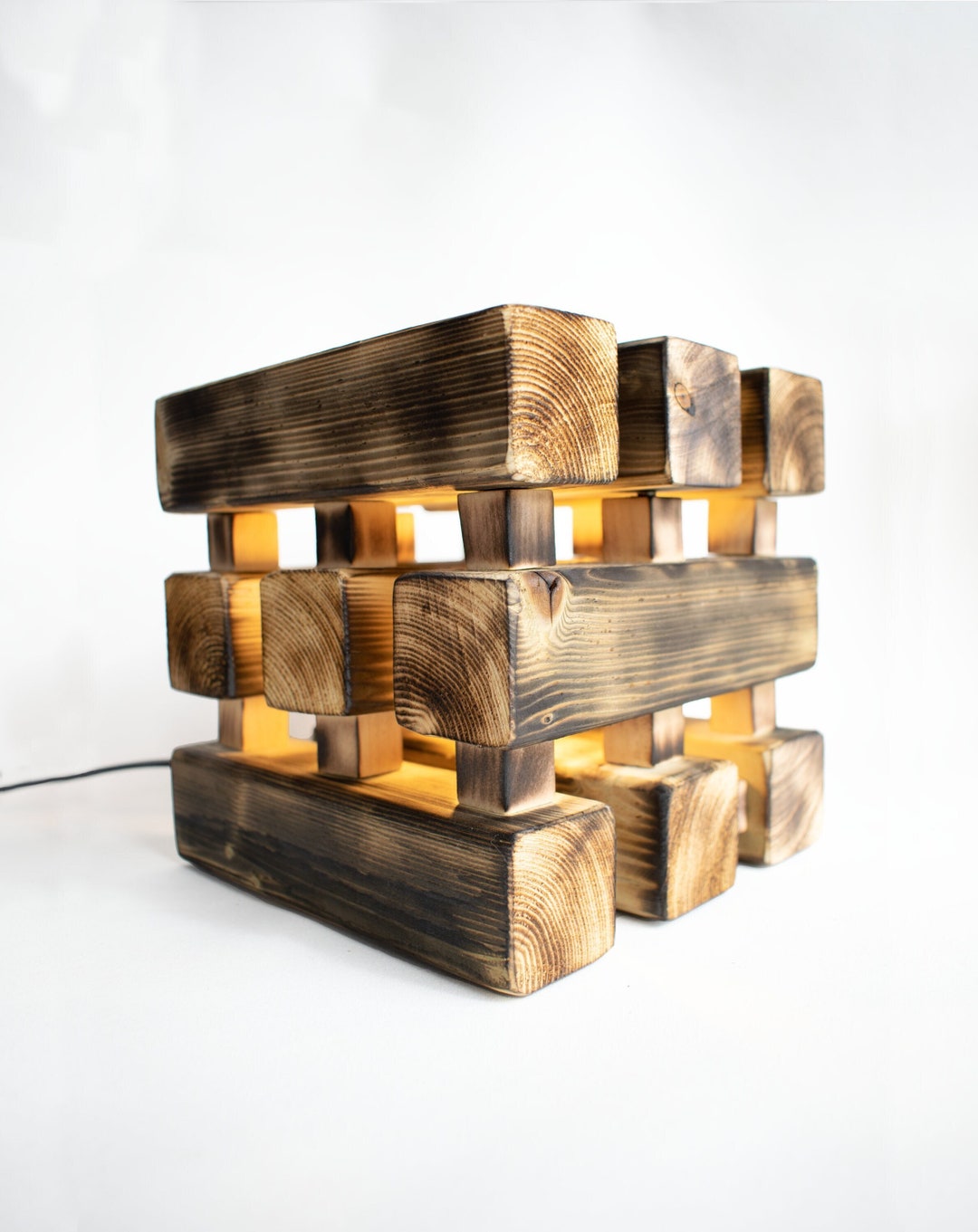 Unique Burnt Wood Table Lamp With Square Base, Dimmer Switch and G9 LED ...