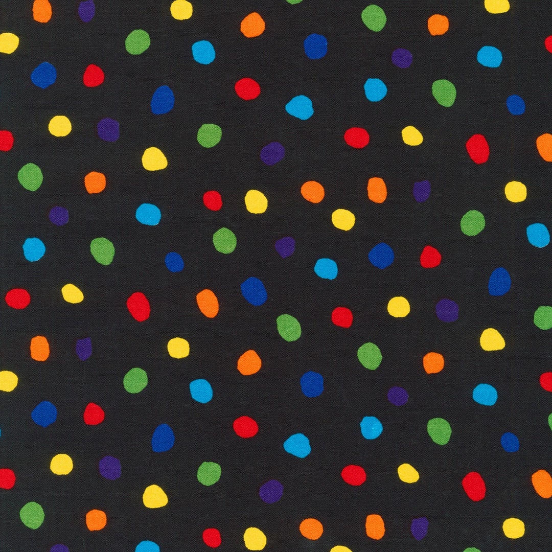 Multi Color Dots on Solid Black Fabric - by Robert Kaufman ...